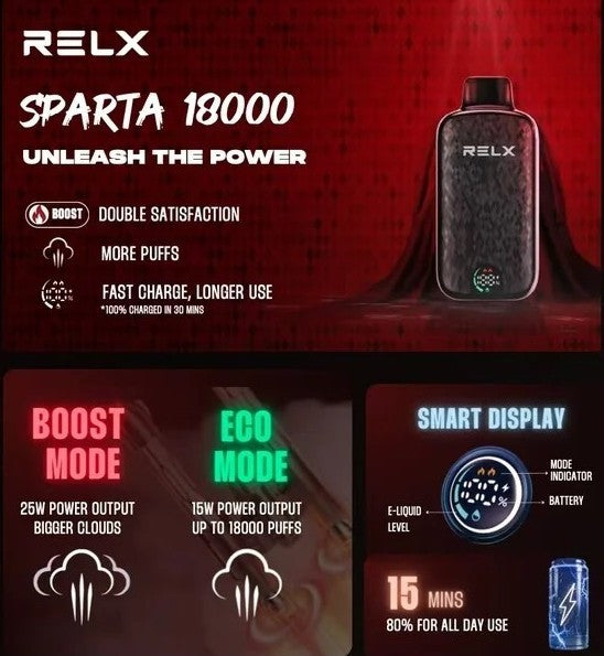 正品悦刻外贸斯巴达 Sparta 18000口，大容量混合果味， 智能显示屏一次性电子烟 多选口味 – 悦刻全球直邮